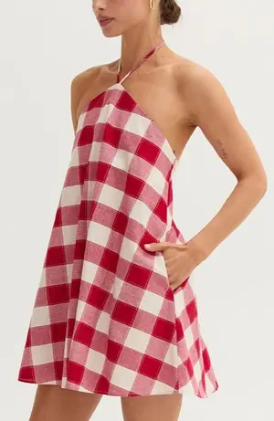 CRESCENT Gingham Halter Romper Dress - Red