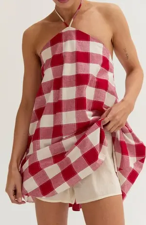 CRESCENT Gingham Halter Romper Dress - Red