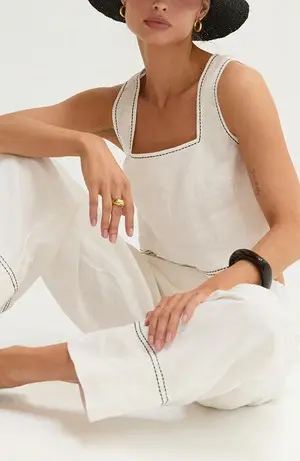 CRESCENT Contrast Stitch Cropped Top & Pants Linen Two Piece Set