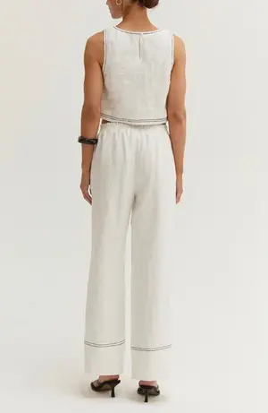 CRESCENT Contrast Stitch Cropped Top & Pants Linen Two Piece Set