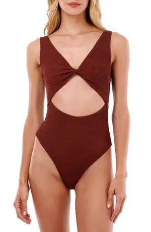 MALAI Twist Front Cutout One-piece Swimsuit - Textured Wave Barn Red