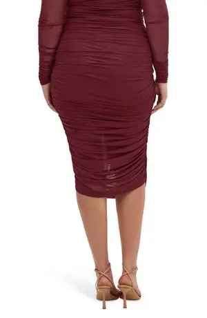 City Chic Anastasia Ruched Midi Skirt - Choc Cherry