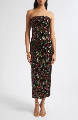 Ramy Brook Natalie Strapless Midi Dress - Floral Sequin