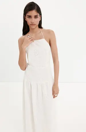 Mango Embroidered Cotton Halter Maxi Dress