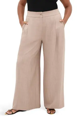 City Chic Luci Pleated Wide Leg Pants - Latte