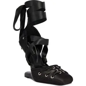 AZALEA WANG Pirouette Lace Up Wedge Sandal - Black