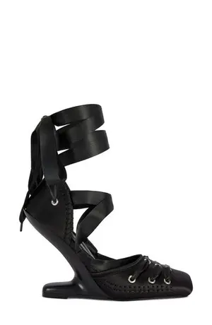 AZALEA WANG Pirouette Lace Up Wedge Sandal - Black