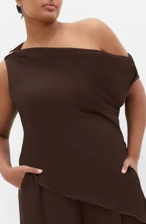 City Chic Skyla Asymmetric One-shoulder Top - Chocolate