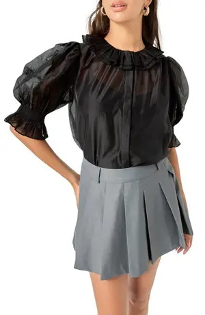 English Factory Ruffled Organza Top - Black