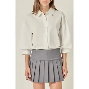 English Factory Lace Trim Blouson Sleeve Cotton Button-up Shirt - White