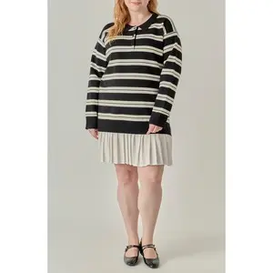 English Factory Long Sleeve Mixed Media Polo Minidress - Black/cream