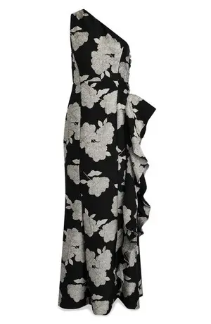 Donna Karan New York Floral Embroidery One-shoulder Gown