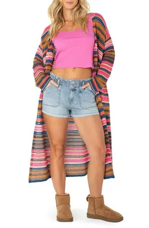 Roxy Sea Wind Longline Open Front Stripe Cardigan - Shocking P