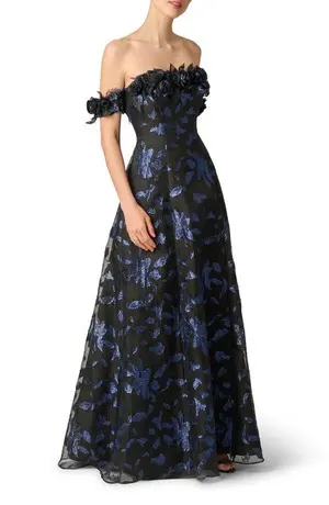 Aidan Mattox Off-the-shoulder Metallic Jacquard Organza Gown