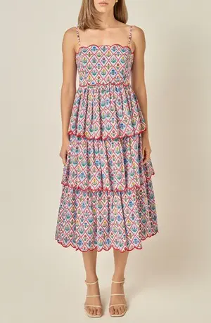 English Factory Printed Scallop Tiered Midi Dress - Multi