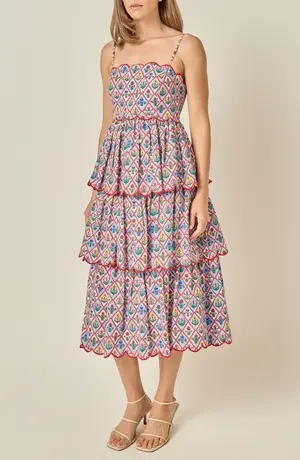 English Factory Printed Scallop Tiered Midi Dress