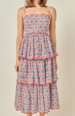 English Factory Printed Scallop Tiered Midi Dress
