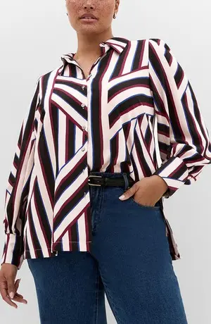 City Chic Haylee Striped Button Front Shirt - Timeless Stripe