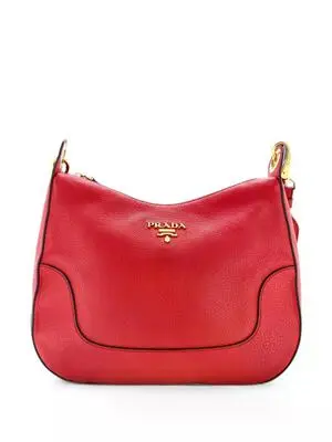 Prada Striped Strap Zip Hobo Vitello Daino Medium Crossbody Bag - Red