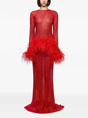 ATU BODY COUTURE Sequin-embellished Feather-trim Maxi Dress - Red