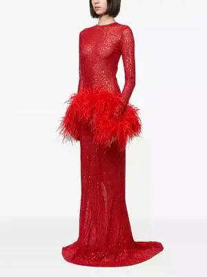 ATU BODY COUTURE Sequin-embellished Feather-trim Maxi Dress