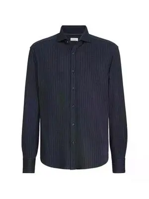 Brunello Cucinelli Virgin Wool, Silk And Cotton Chalk Stripe Piqué Shirt With Spead Collar - Blue