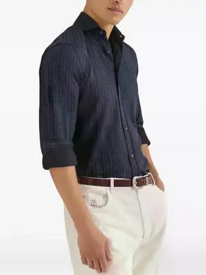 Brunello Cucinelli Virgin Wool, Silk And Cotton Chalk Stripe Piqué Shirt With Spead Collar - Blue