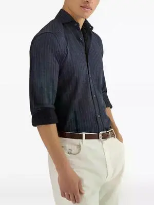 Brunello Cucinelli Virgin Wool, Silk And Cotton Chalk Stripe Piqué Shirt With Spead Collar - Blue