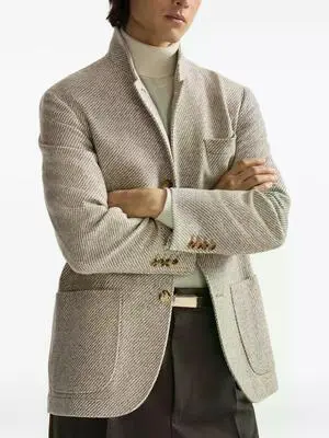 Brunello Cucinelli Cashmere And Silk Diagonal Outerwear Blazer With Patch Pockets - Neutrals