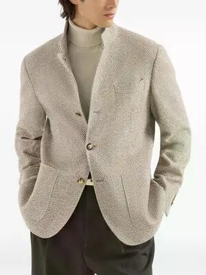 Brunello Cucinelli Cashmere And Silk Diagonal Outerwear Blazer With Patch Pockets Neutrals