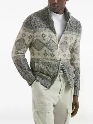 Brunello Cucinelli Virgin Wool, Silk, And Cashmere Chiné Cable Knit Cardigan With Intarsia - Grey