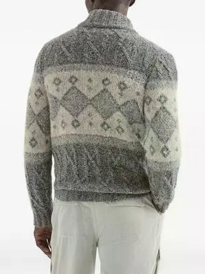 Brunello Cucinelli Virgin Wool, Silk, And Cashmere Chiné Cable Knit Cardigan With Intarsia - Grey