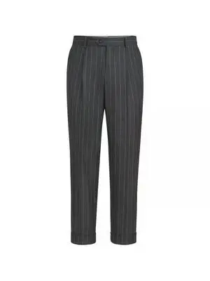 Brunello Cucinelli Super 150s Virgin Wool Wide Chalk Stripe Batavia Trousers With Pleat - Grey