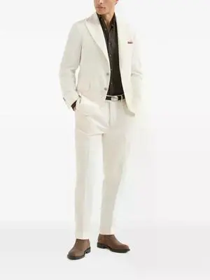 Brunello Cucinelli Virgin Wool, Silk And Cotton Chalk Stripe Piqué Shirt With Spead Collar - Brown