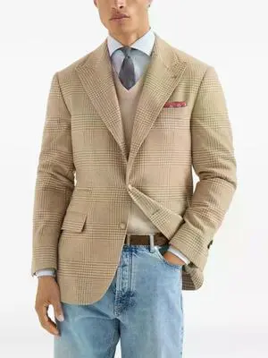 Brunello Cucinelli Comfort Wool And Cashmere Prince Of Wales Flannel Deconstructed Blazer With Large Peak Lapels