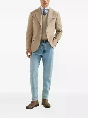 Brunello Cucinelli Comfort Wool And Cashmere Prince Of Wales Flannel Deconstructed Blazer With Large Peak Lapels - Neutrals