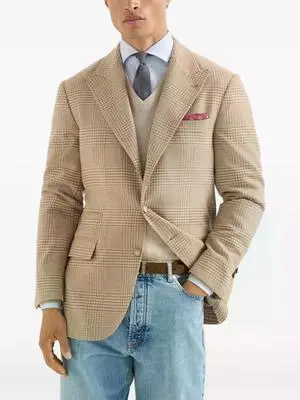 Brunello Cucinelli Comfort Wool And Cashmere Prince Of Wales Flannel Deconstructed Blazer With Large Peak Lapels - Neutrals