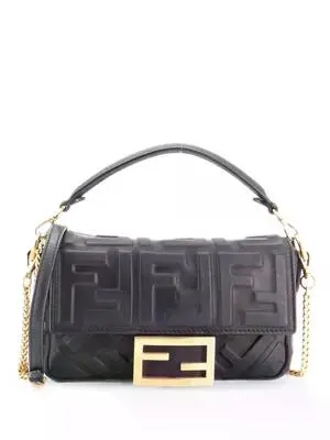 Fendi Baguette Nm Bag Zucca Embossed Leather Mini Crossbody Bag - Black