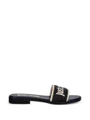 Just Cavalli Logo-embroidered Raffia-effect Flat Sandals - Black
