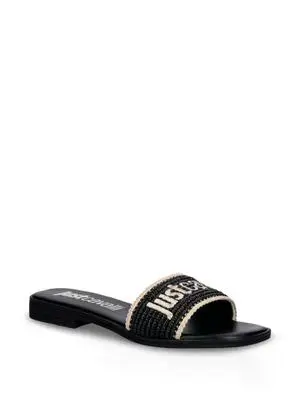 Just Cavalli Logo-embroidered Raffia-effect Flat Sandals - Black