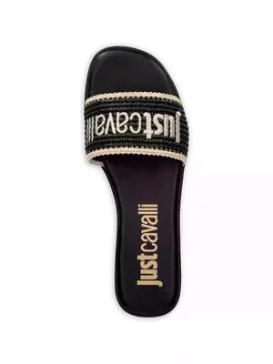 Just Cavalli Logo-embroidered Raffia-effect Flat Sandals - Black