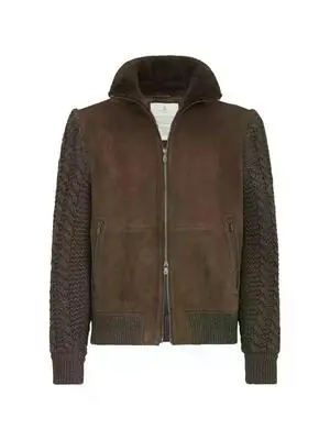 Brunello Cucinelli Suede Shearling And Cashmere Knit Bomber Jacket With Thermore® Padding - Brown