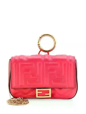 Fendi Chain Baguette Charm Bag Zucca Embossed Leather Nano Crossbody Bag - Pink