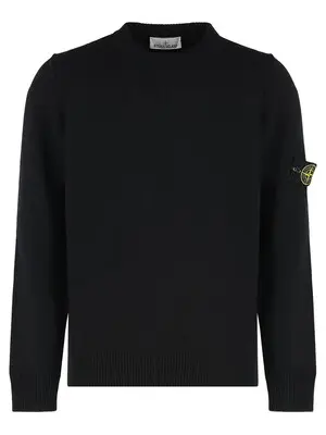 Stone Island Crew Neck Sweater Regular Fit With Ribbed Finish - Black