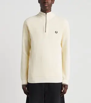 Fred Perry Cotton Waffle Knit Quarter-zip Sweatshirt - Ivory