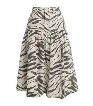 GANNI Zebra Print Denim Midi Skirt - Ivory