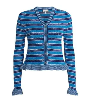 GANNI Cotton Stripe Cropped Cardigan - Blue