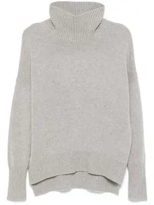 LISA YANG Ribbed Trim Cashmere High-neck Top With Drop Shoulders, Long Sleeves & High-low Hem - Grigio