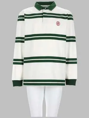 Drole De Monsieur Striped Cotton Polo Shirt With Mirror Graphic Detail - White