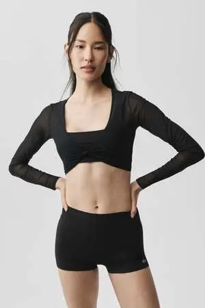 Alo Yoga Mesh Knot Detailing Cropped Long Sleeve Top - Black
